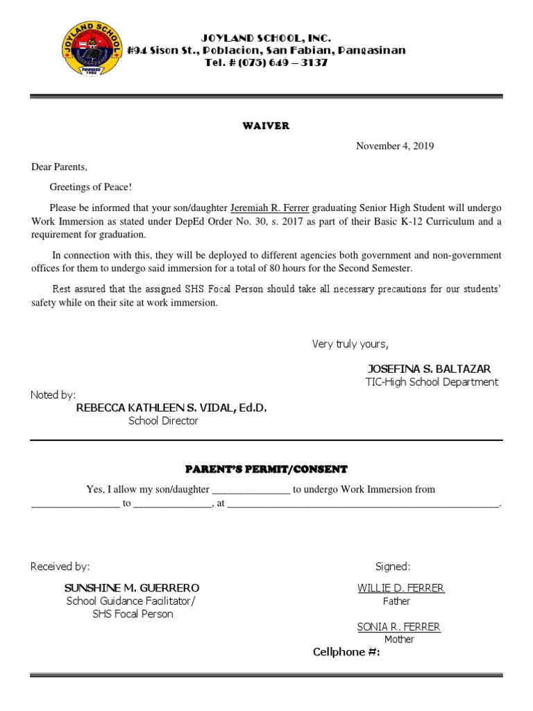 Work Immersion (Waiver) | PDF