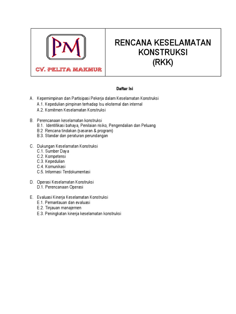 Rencana Keselamatan Konstruksi (RKK) : Daftar Isi | PDF