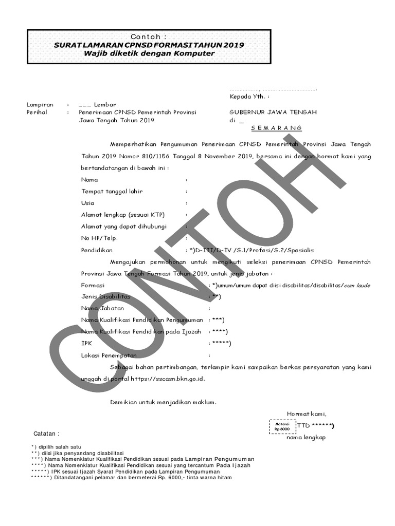 Contoh Lamaran Cpns 2019 Prov Jateng | PDF