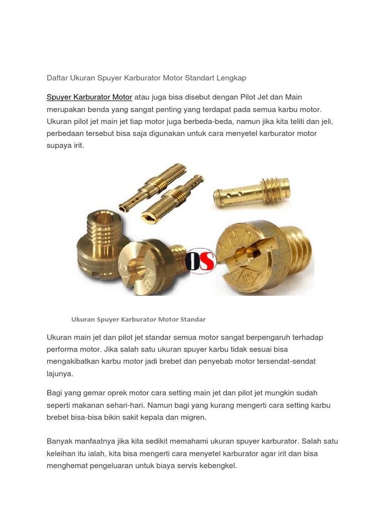 Ukuran Main Jet Dan Pilot Jet Karburator | PDF