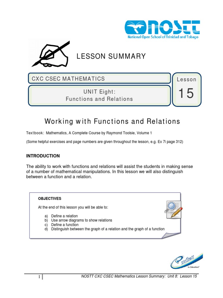 Lesson Summary: CXC Csec Mathematics Lesson UNIT Eight: Functions and ...
