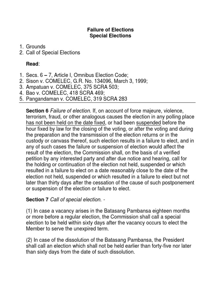 Failure of Elections and Special Elections | PDF | Statutory ...
