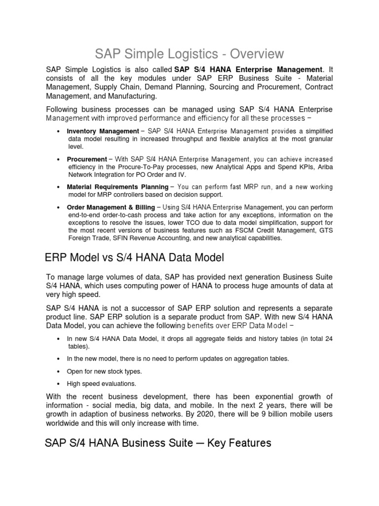 Overview of SAP S/4 HANA Logistics | PDF | Sap Se | Cloud Computing