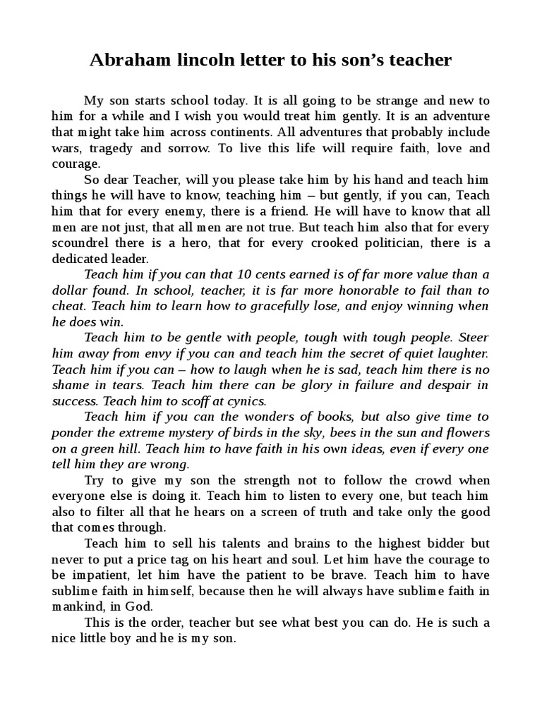 Abraham Lincoln Letter To His Son's Teacher | PDF