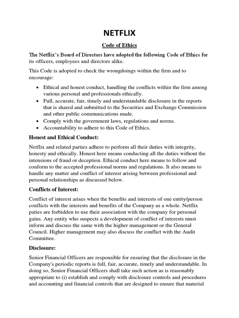 Netflix Ethics | PDF | Conflict Of Interest | Board Of Directors