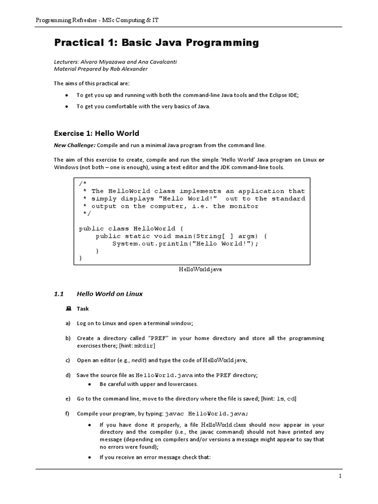 Practical 1: Basic Java Programming: Exercise 1: Hello World | Download Free PDF | Area | Java ...