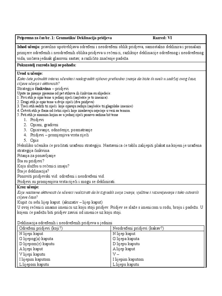 Deklinacija Pridjeva Priprema Za Cas Sa Ishodima VI Raz | PDF