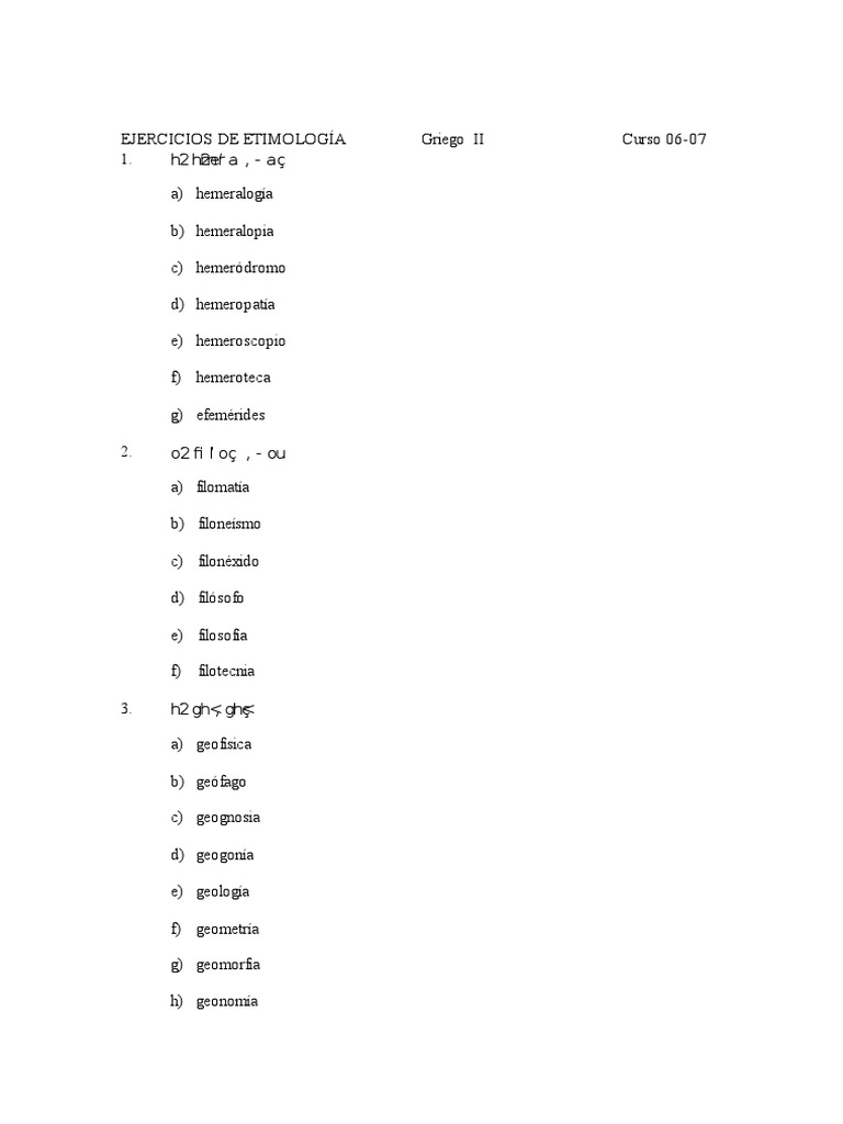 Ejercicios de Etimologia Griego 2 | PDF