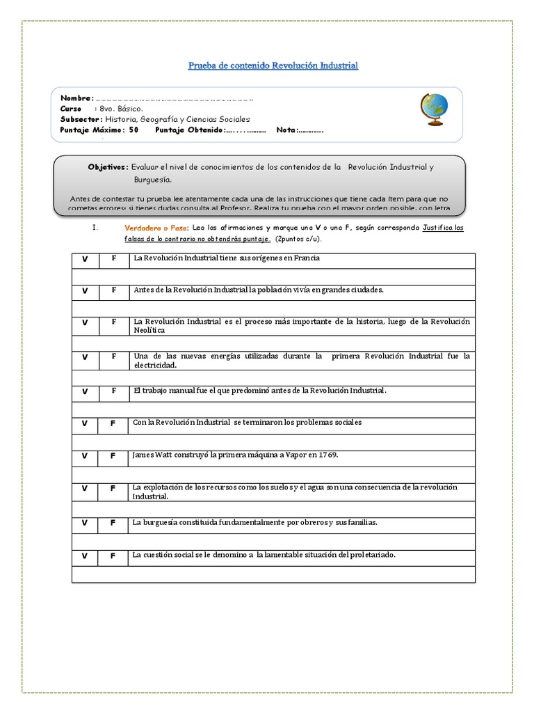 Evaluación sobre la Revolución Industrial | PDF | Revolución industrial