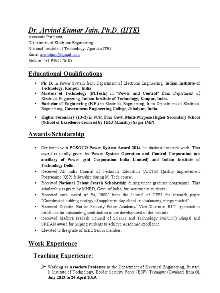 Dr. Arvind Kumar Jain, Ph.D. (IITK) : Educational Qualifications | PDF | Smart Grid | Electric Power