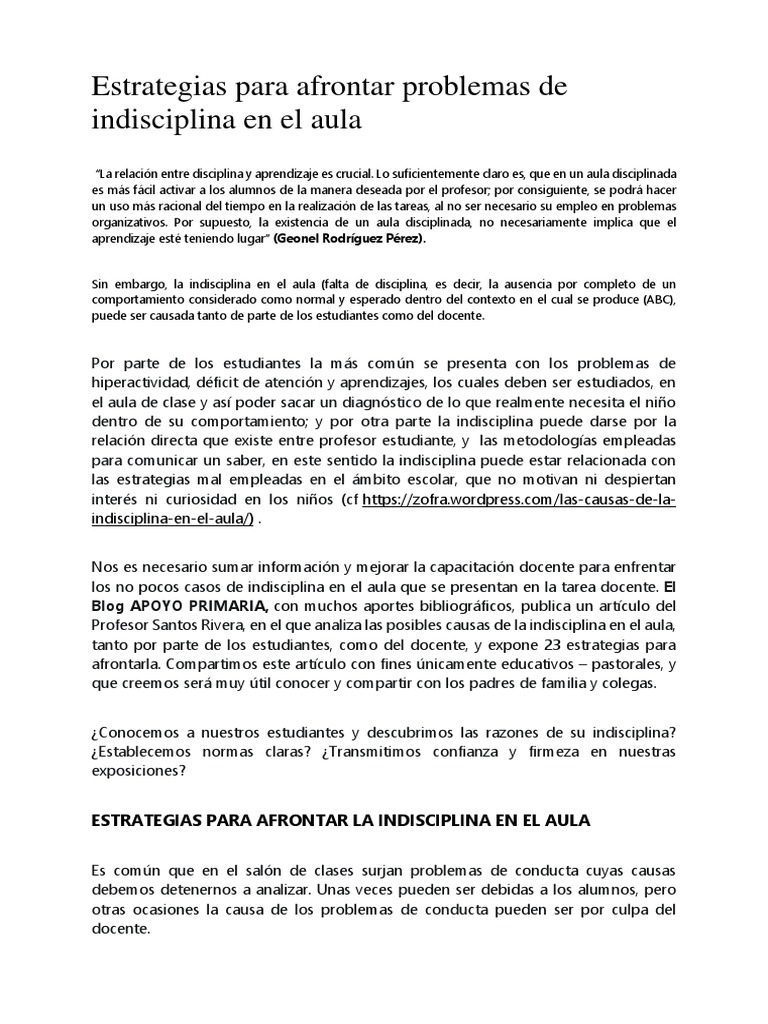 Estrategias para Afrontar Problemas de Indisciplina en El Aula | PDF | Salón de clases ...