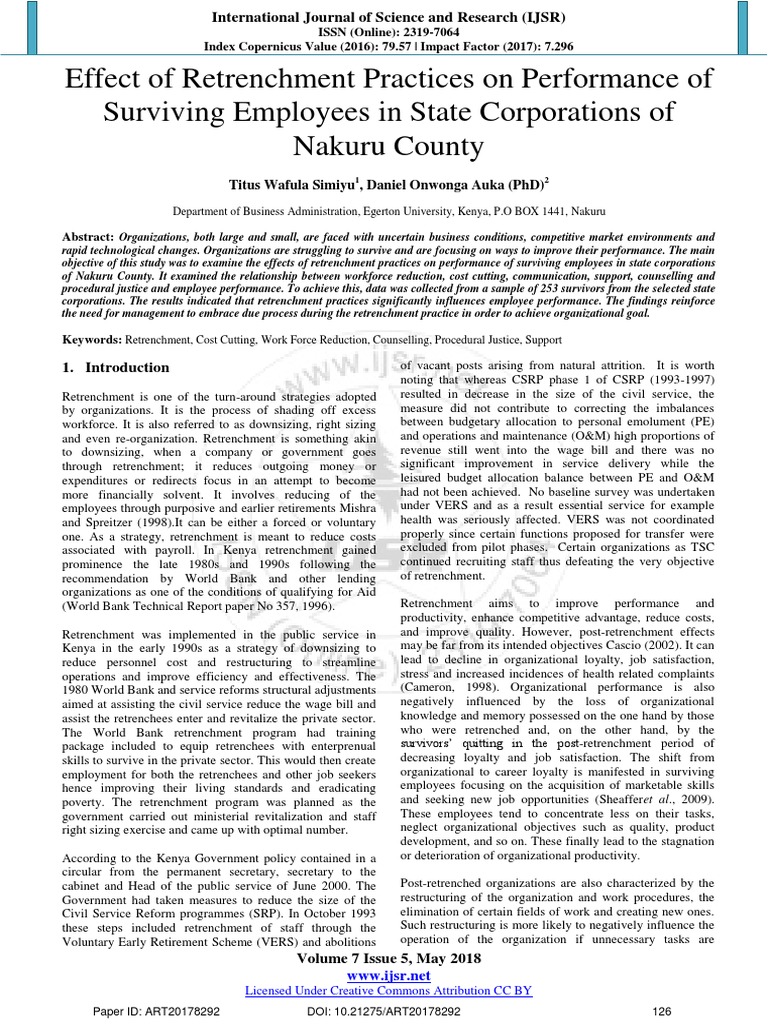 Effect of Retrenchment Practices On Performance of Surviving Employees ...