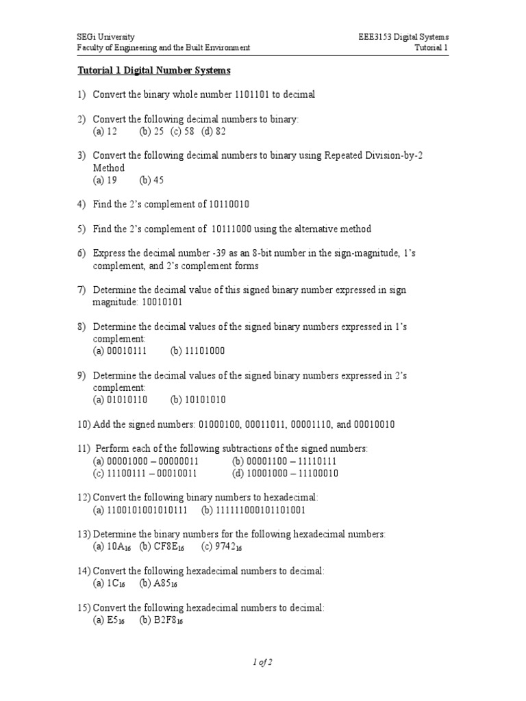 Tutorial 1 Digital Number Systems | PDF | Binary Coded Decimal | Decimal