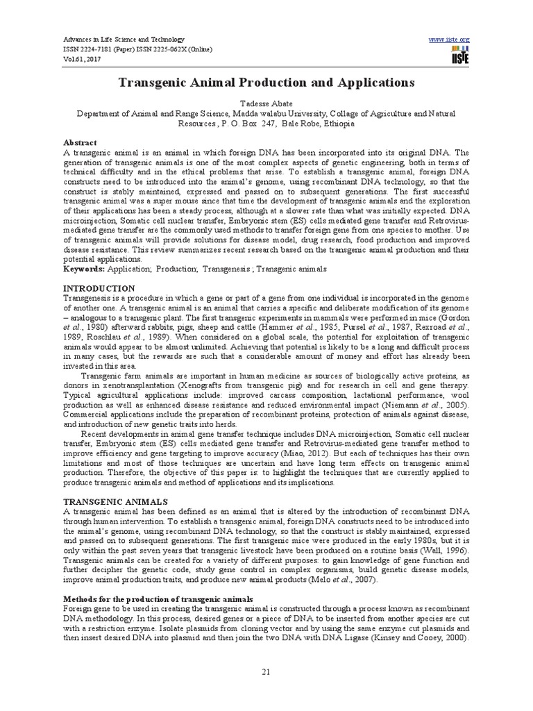 Transgenic Animal Production and Applications | PDF | Transgene ...