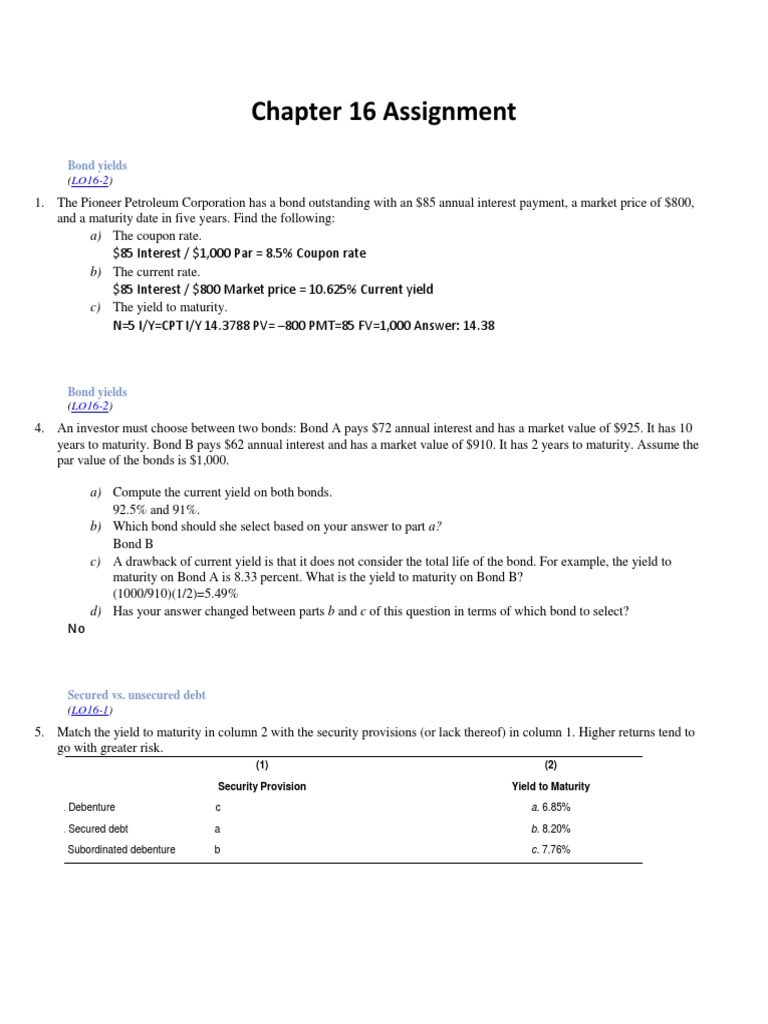 Chapter 16 Assignment | PDF | Bonds (Finance) | Yield (Finance)