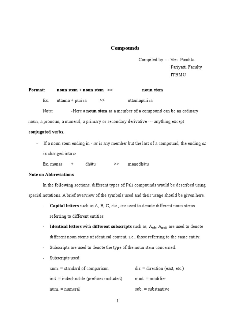 Pali Compounds - Ven. Pandita | PDF | Noun | Grammatical Conjugation