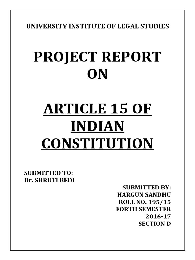 Project Report ON Article 15 Of Indian Constitution: University ...