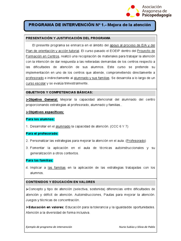 Ejemplo de Programa de Intervención (Mejora de La Atención) | PDF ...