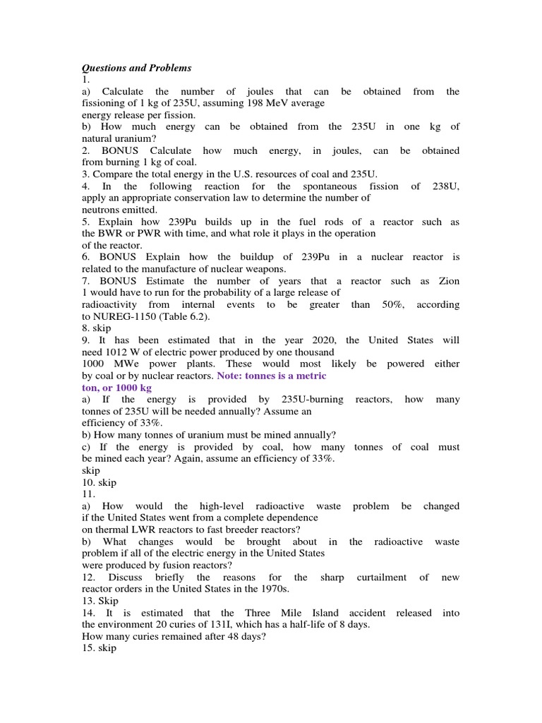 Energy Questions | PDF | Nuclear Reactor | Nuclear Power