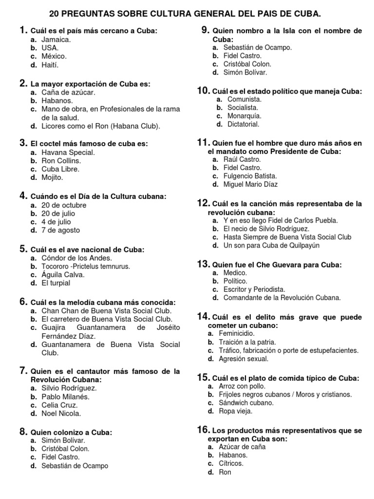20 preguntas de cultura general de cuba | Revolución cubana | Cuba