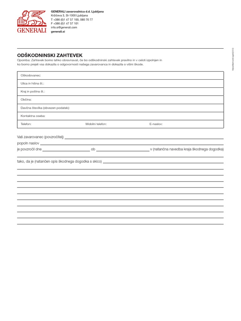 Generali Web Obrazec OdskodninskiZahtevek 13 02 | PDF