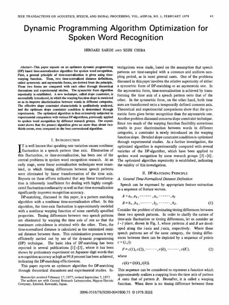 DTW Sakoe Chiba78 PDF | PDF | Speech Recognition | Mathematical Optimization