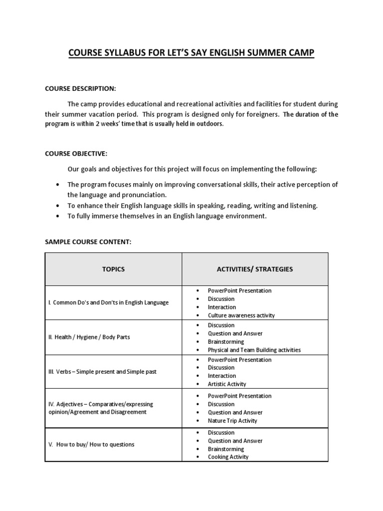 English Summer Camp Course Syllabus | PDF | English Language ...