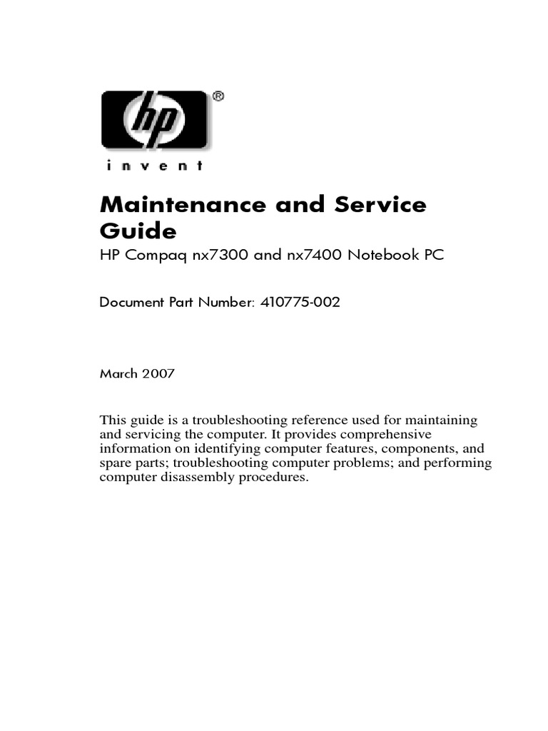Maintenance and Service Guide: HP Compaq nx7300 and nx7400 Notebook PC ...