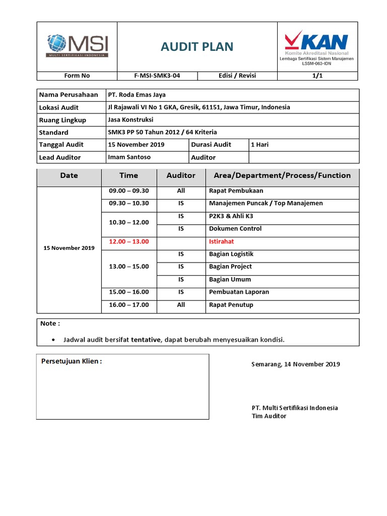 Audit Plan PT Roda Emas Jaya SMK3 64 Kriteria | PDF