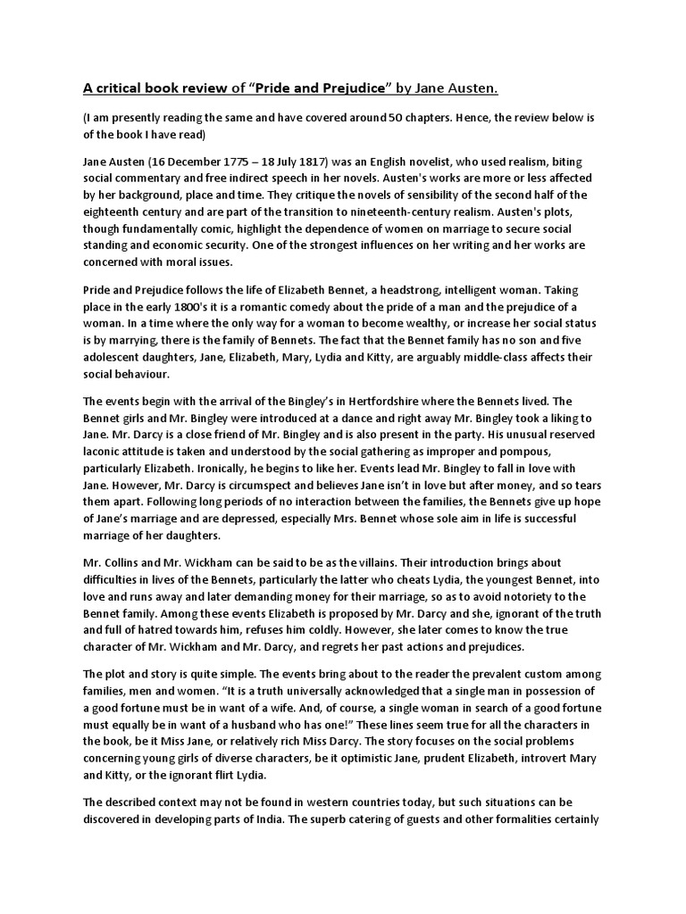 A Critical Book Review of "Pride and Prejudice" by Jane Austen | PDF ...