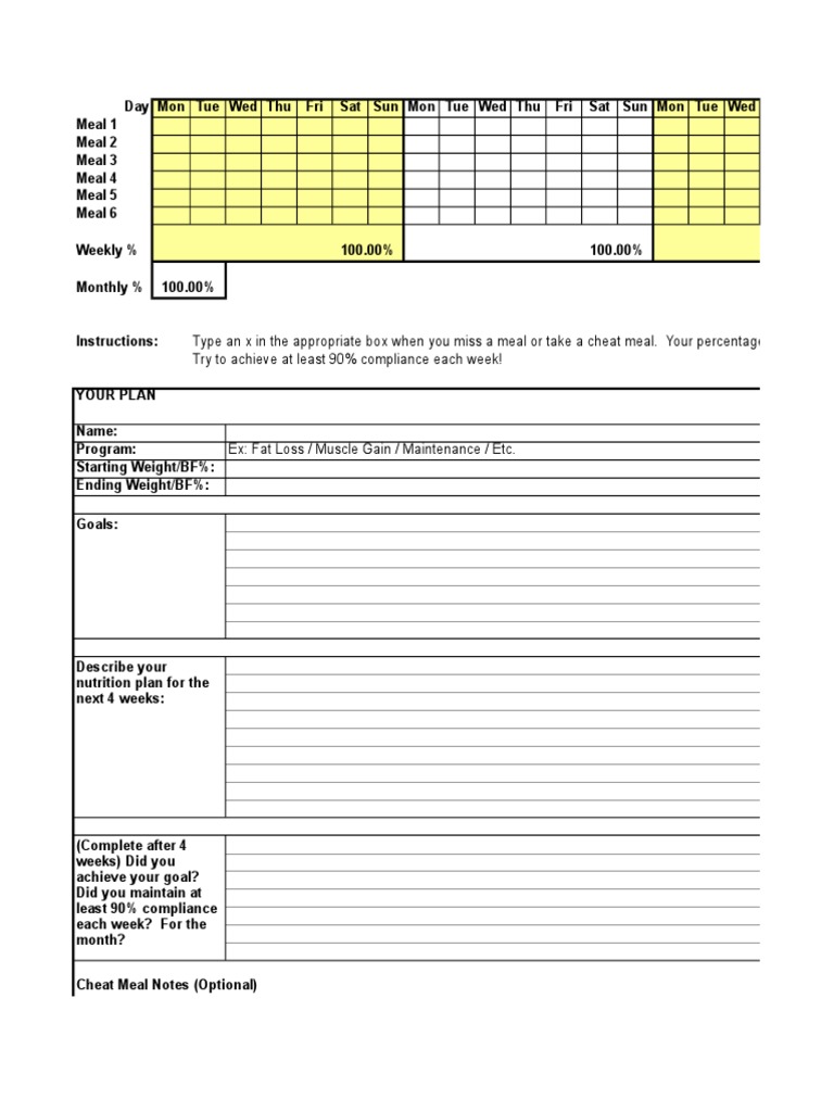 Weekly Meal Compliance Tracker | PDF | Nutrition | Diet & Nutrition