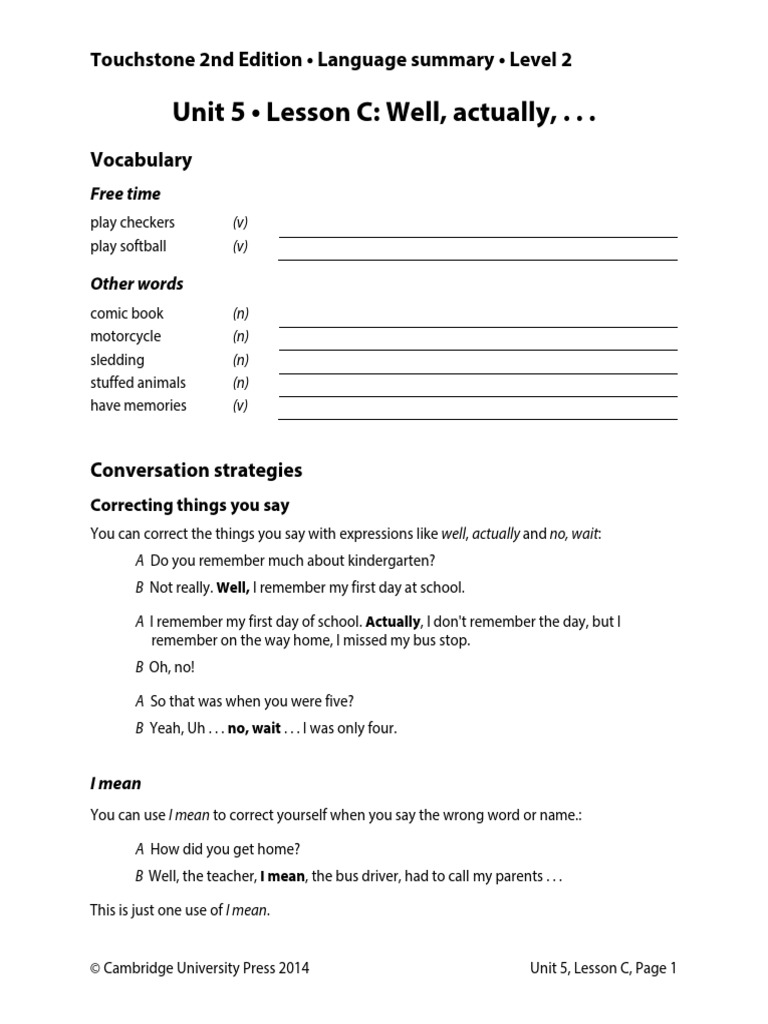 Unit 5 - Lesson C: Well, Actually, - . .: Touchstone 2nd Edition - Language Summary - Level 2 | PDF