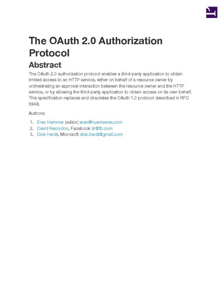 The Oauth 2.0 Authorization Protocol: Eran Hammer David Recordon Dick ...