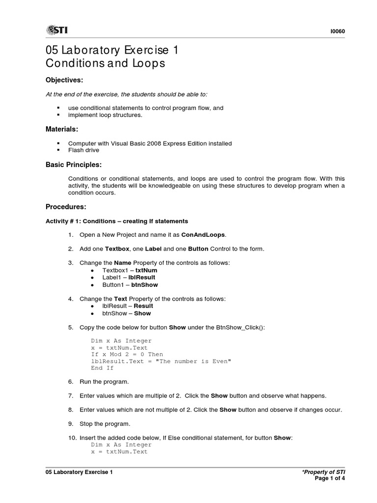 Programming With Conditions And Loops A Laboratory Exercise In Visual Basic Pdf Control