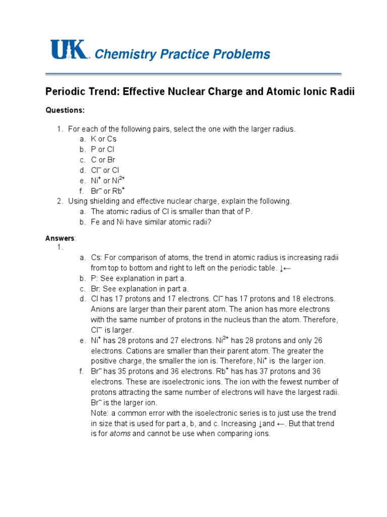 Chemistry Practice Problems: Periodic Trend: Effective Nuclear Charge and Atomic Ionic Radii ...
