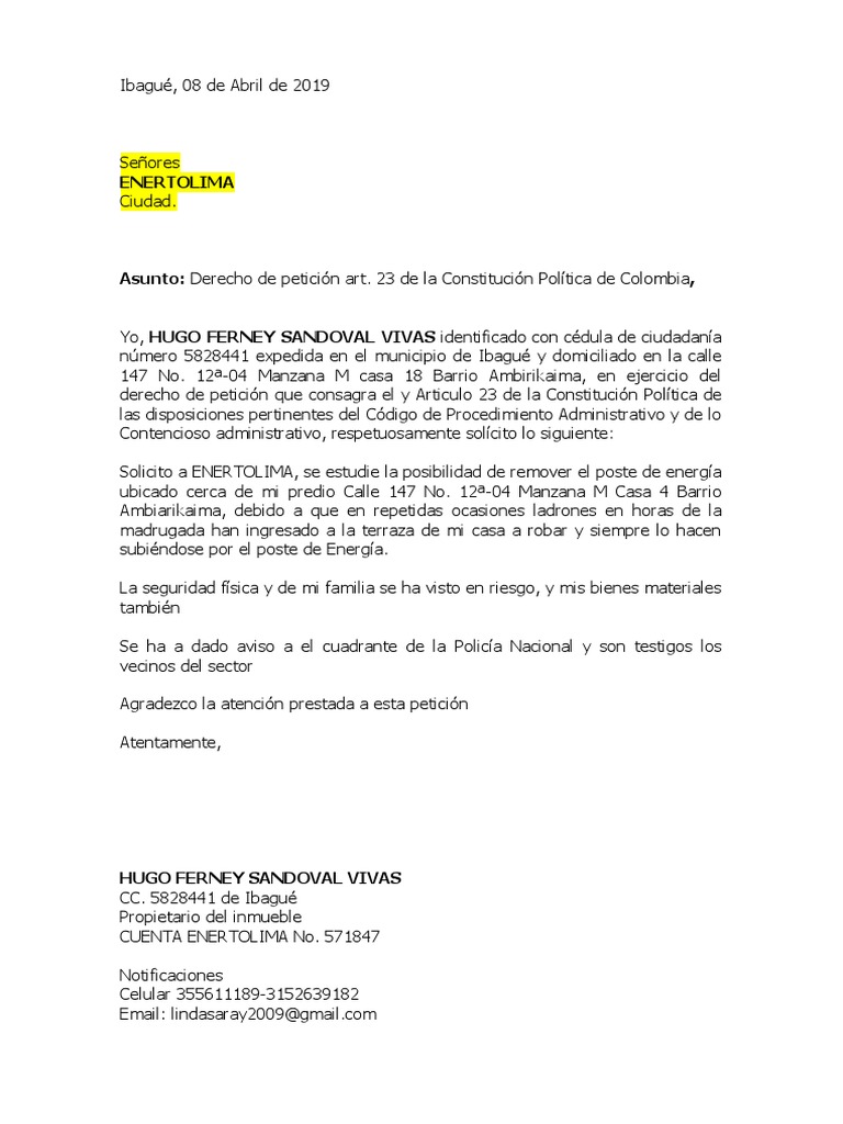 Derecho de Peticion Enertolima | PDF