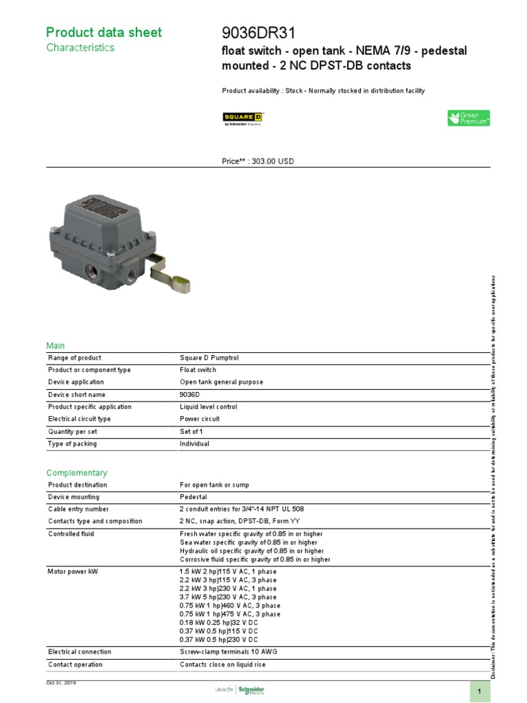 Pressure Switches - Square D™ NEMA - Classes 9012 - 9013 - 9016 - 9036 - 9037 - and 9038 ...
