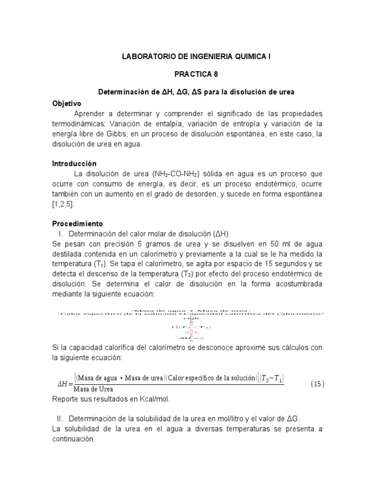 PRACTICA 8 Determinacion para La Disolucion de Urea | PDF | Entalpía ...