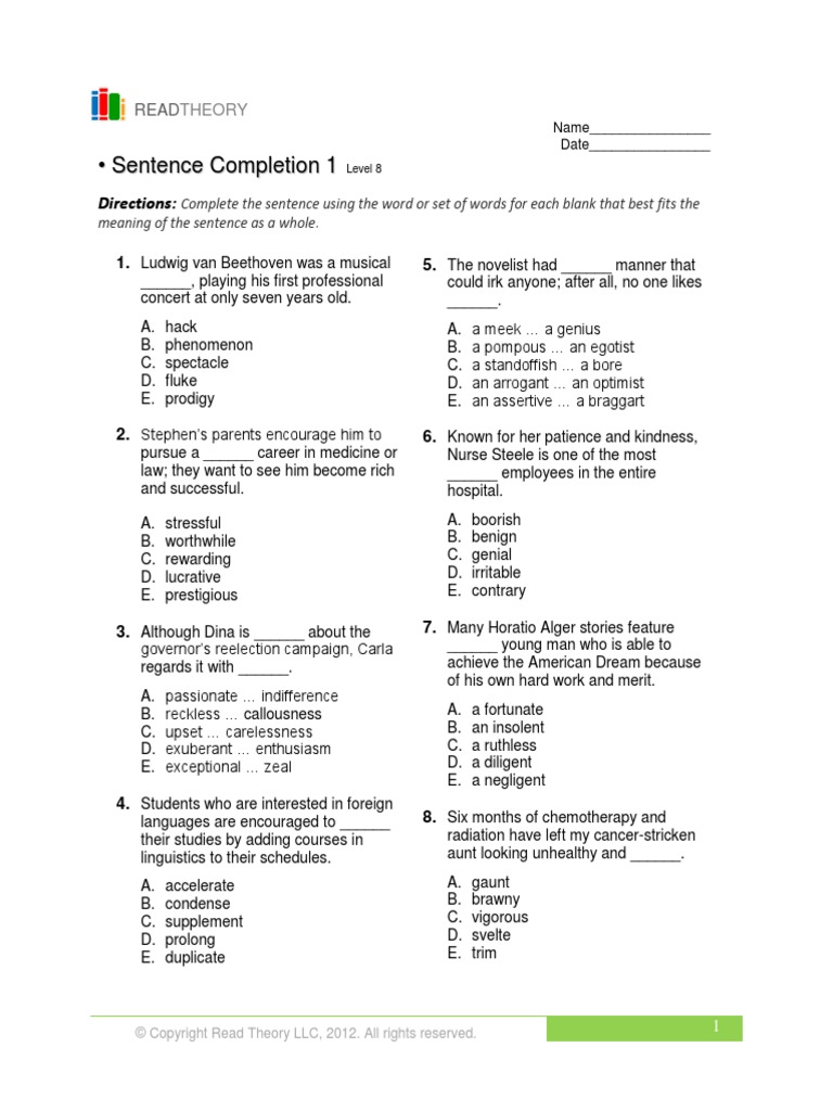 Level 8 Sentence Completion 1 PDF | PDF | Cognition | Psychological Concepts