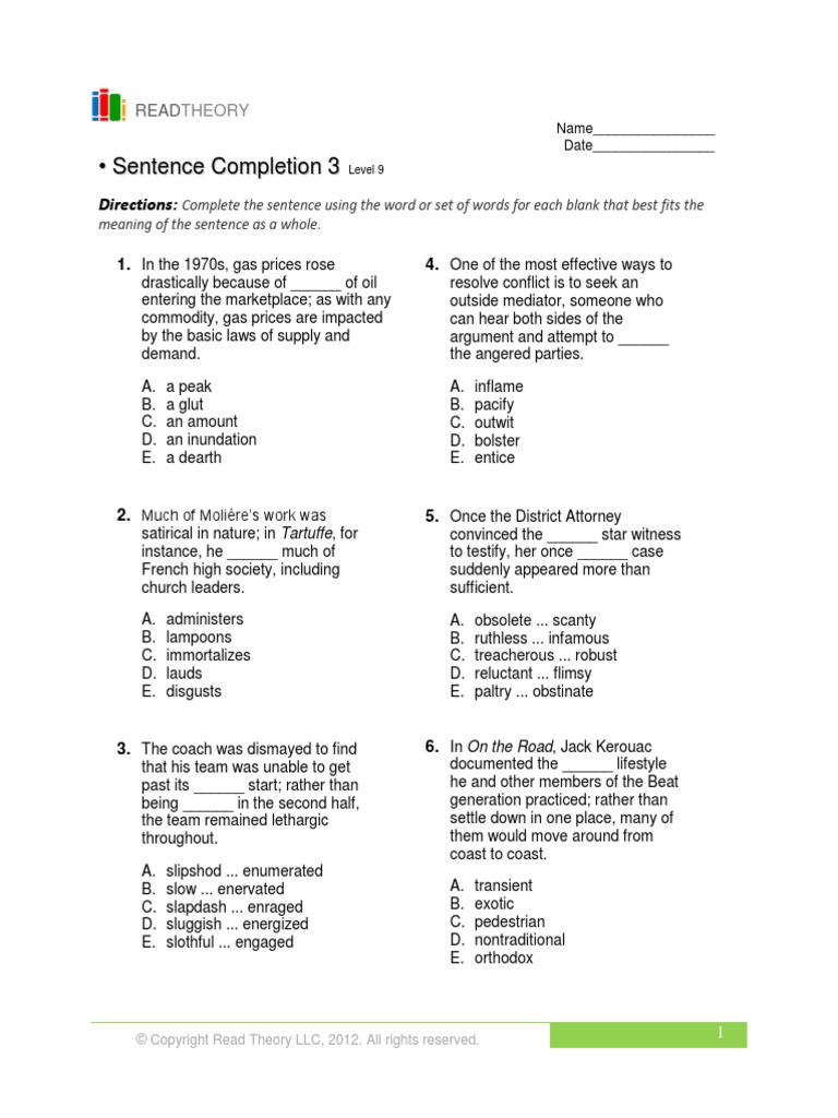 Level 9 Sentence Completion 3 PDF | PDF | Reserved Word | Supply And Demand