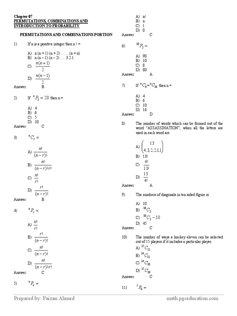 Permutations, Combinations and Introduction To Probability Permutations and Combinations Portion ...