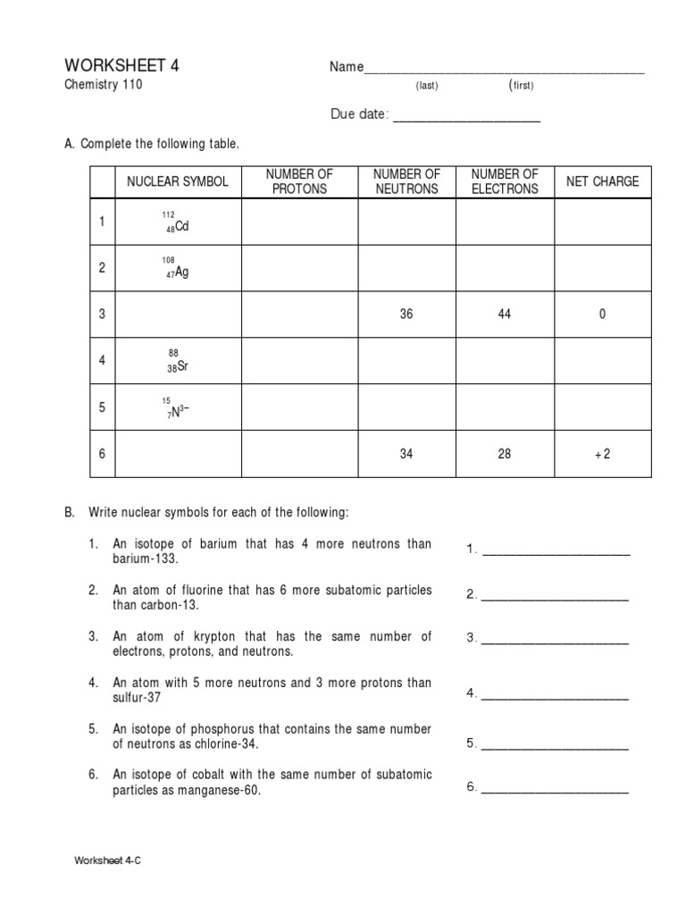 Chemistry 110 Nuclear Symbols Worksheet | PDF