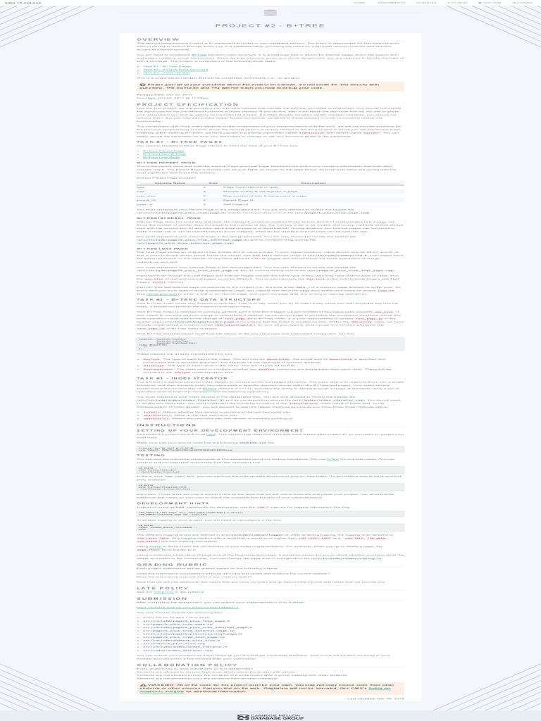 Project #2 - B+Tree - CMU 15-445 - 645 - Intro To Database Systems (Fall 2017) | PDF | Database ...