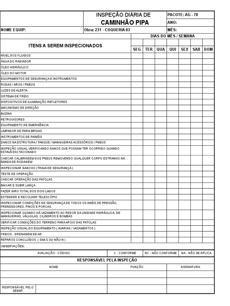 Checklist Inspeção Diária Caminhão PIPA | PDF