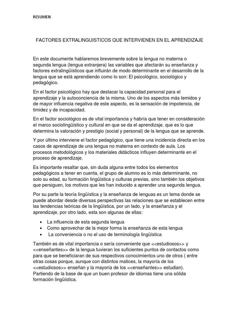 Factores Extralinguisticos Que Intervienen en El Aprendizaje | PDF ...