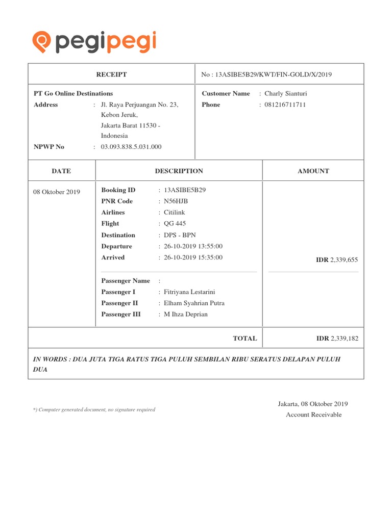 Flight Booking Receipt | PDF