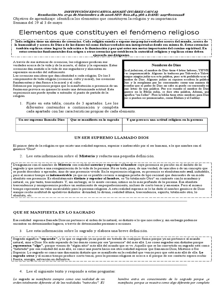 Taller de Religión Grado Décimo | PDF | Dios | Supersticiones
