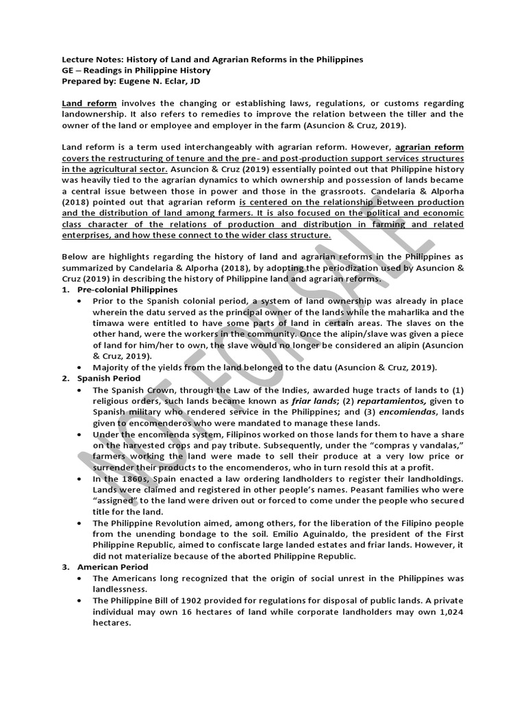 Lecture Notes History Of Land And Agrarian Reforms In The Philippines