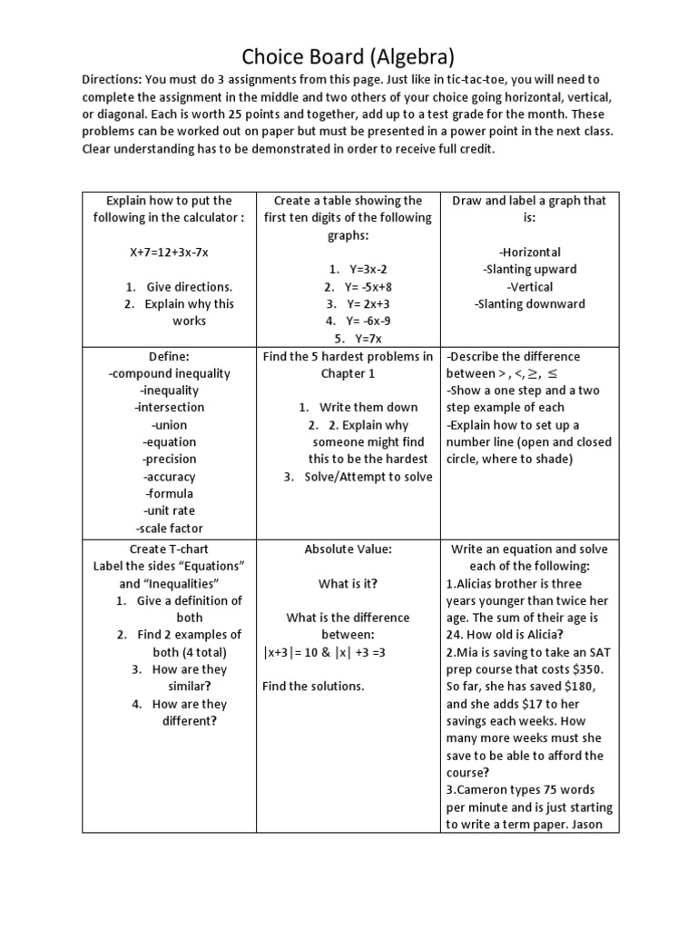 Algebra Choice Board Assignments | PDF | Combinatorics | Graph Theory