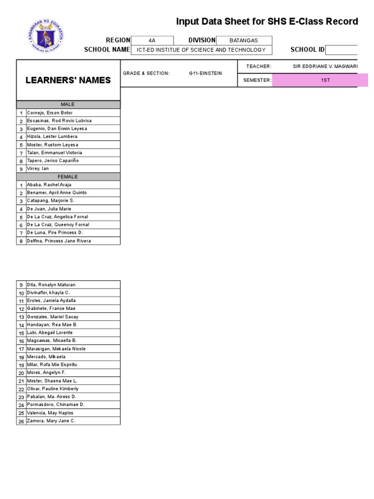 Learners' Names: Input Data Sheet For SHS E-Class Record | PDF | Behavior Modification ...